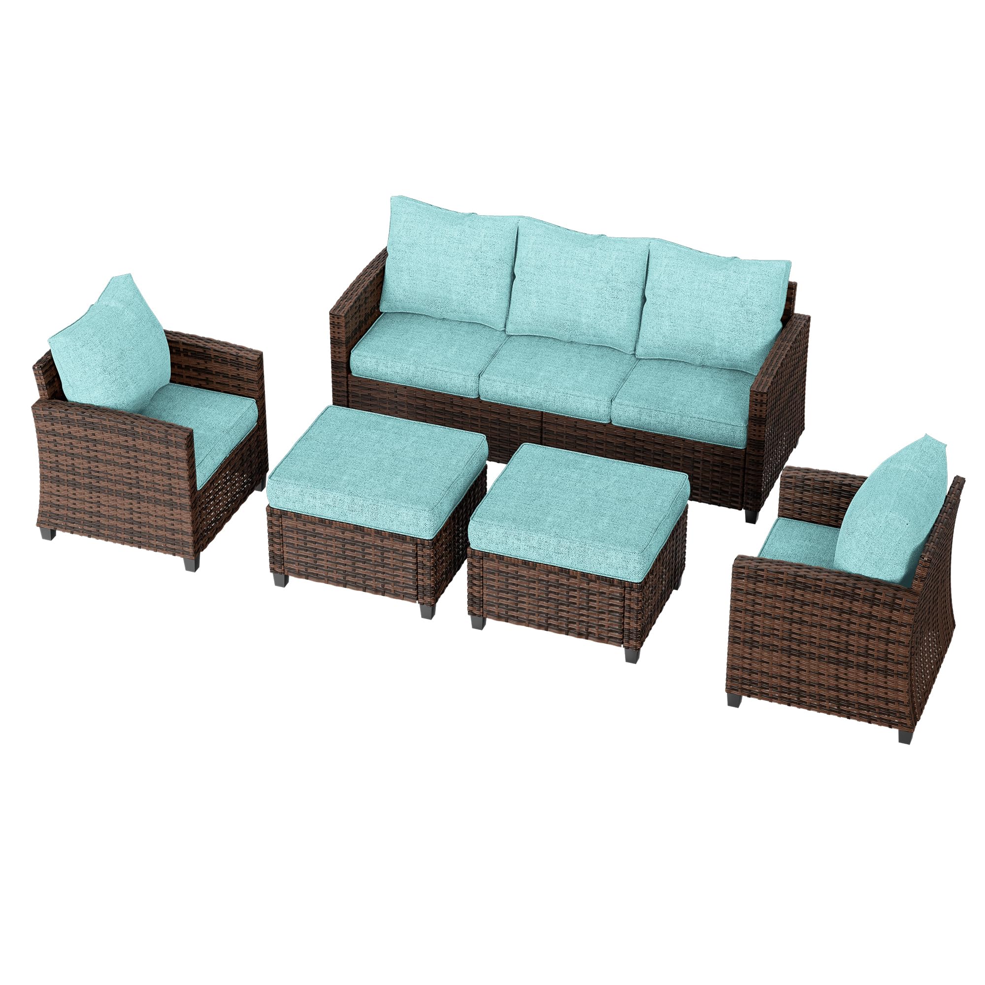 UDPATIO Patio Furniture Set, 5 Pieces Outdoor Sectional Sofa Set, All-Weather Wicker Rattan High Back Patio Conversation Set with Ottoman for Poolside, Backyard, 4" Thick Cushions, Light Blue