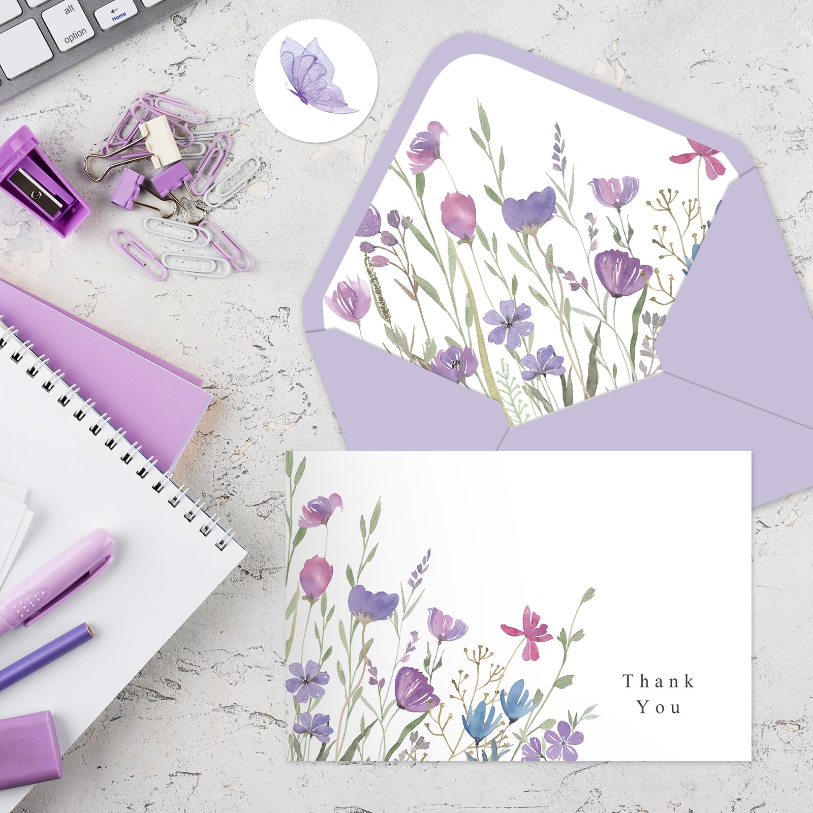 Whaline 32 Pack Purple Floral Thank You Cards Wildflower Greeting Cards with Envelopes Stickers Blank Note Cards for Wedding Bridal Baby Shower Birthday, 4 x 6 Inch