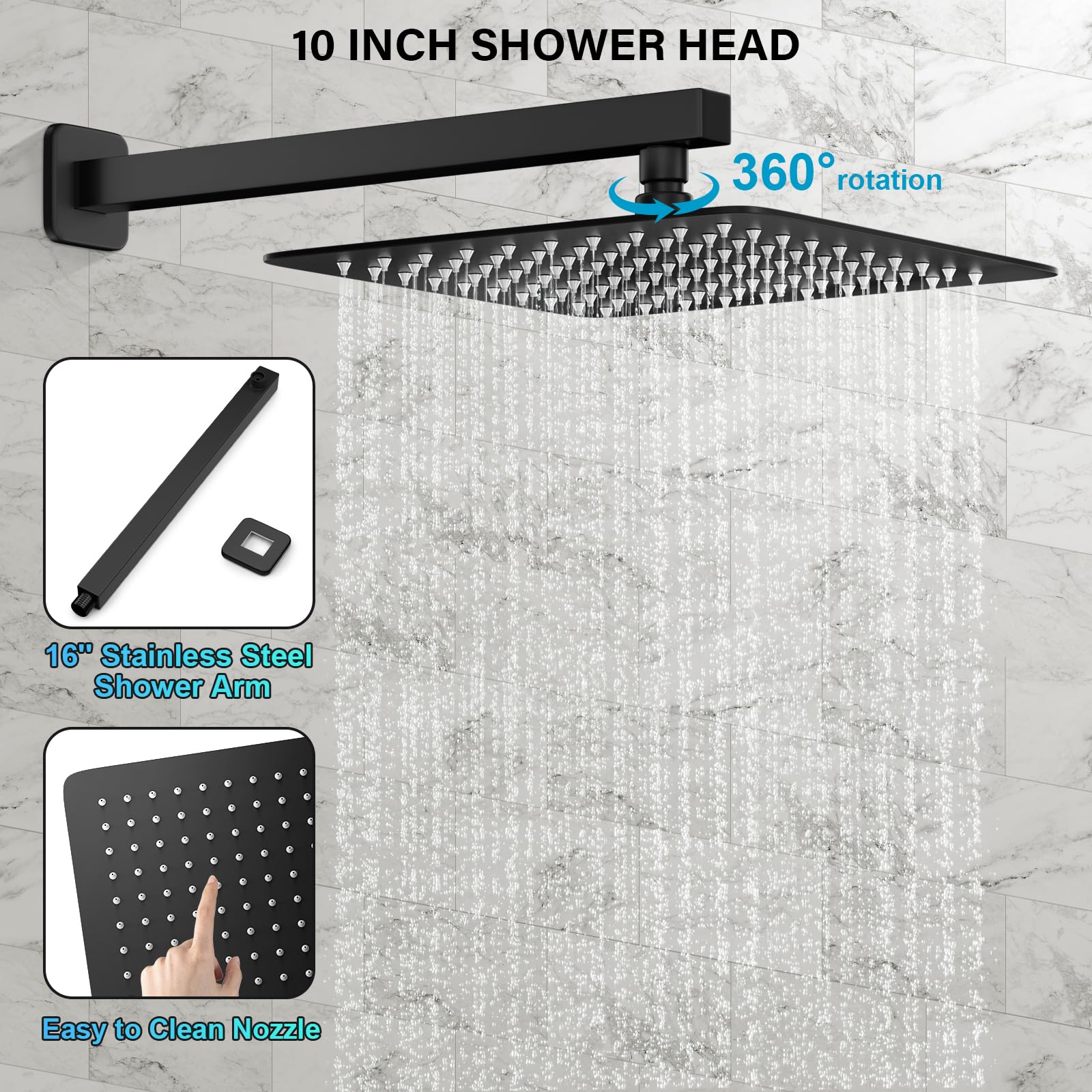 FPXRNG Black Shower Faucet Set, Rainfall Shower System with Rain Shower Head and Handle Set, Wall Mounted Shower Fixtures, Full Metal Trim Repair Kit 10 inch Matte Black (With Shower Valve)