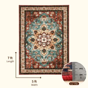 LBRO2M Boho Area Rug 5X7 Washable Rugs Low Piles, Non Slip Soft Boho Rugs for Living Room, Bedroom, Dining Room Rug Pet Friendly Area Rugs (Red, 5X7)