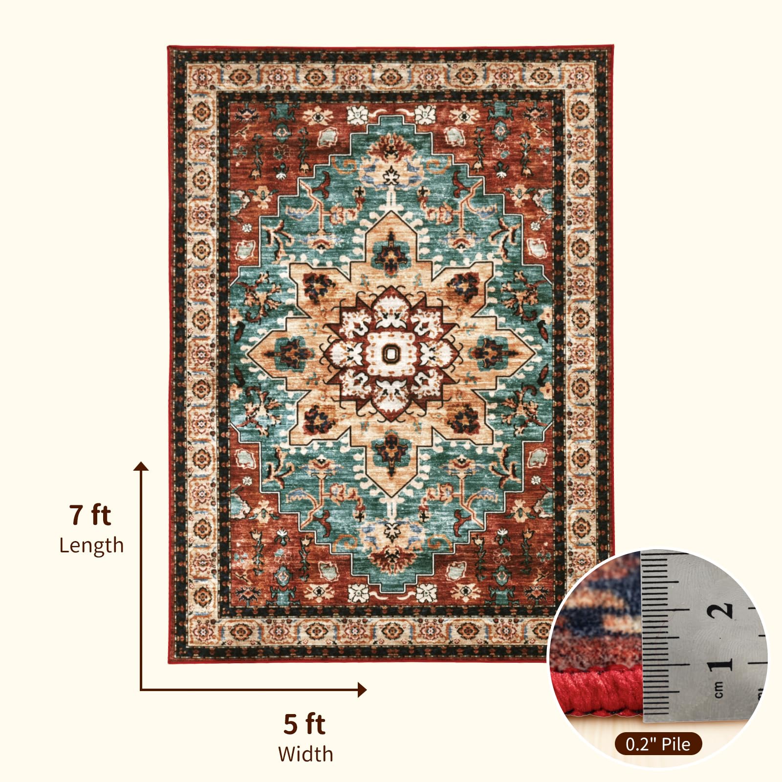 LBRO2M Boho Area Rug 5X7 Washable Rugs Low Piles, Non Slip Soft Boho Rugs for Living Room, Bedroom, Dining Room Rug Pet Friendly Area Rugs (Red, 5X7)