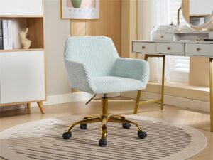 kcc corduroy fabric vanity makeup desk chair, fluffy swivel modern armchair with wheels, upholstered fuzzy height adjustable for girls home office, blue