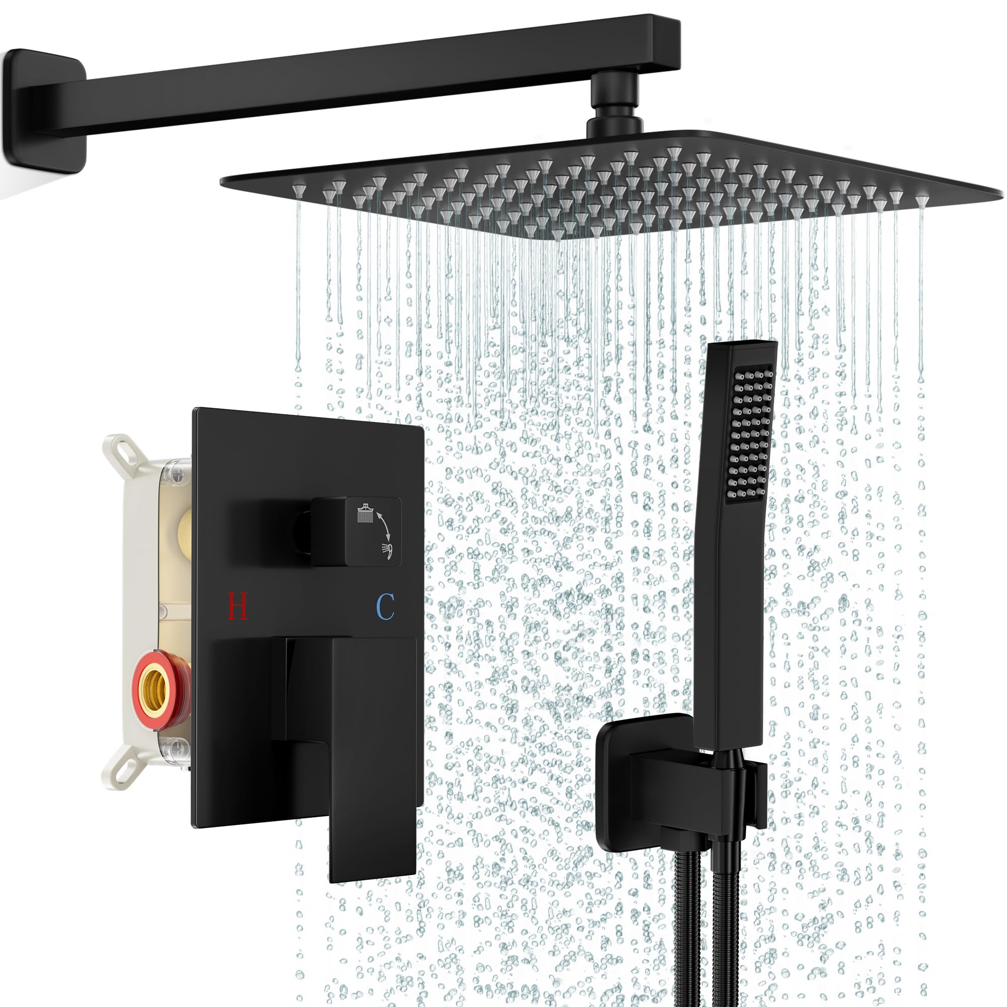 FPXRNG Black Shower Faucet Set, Rainfall Shower System with Rain Shower Head and Handle Set, Wall Mounted Shower Fixtures, Full Metal Trim Repair Kit 10 inch Matte Black (With Shower Valve)