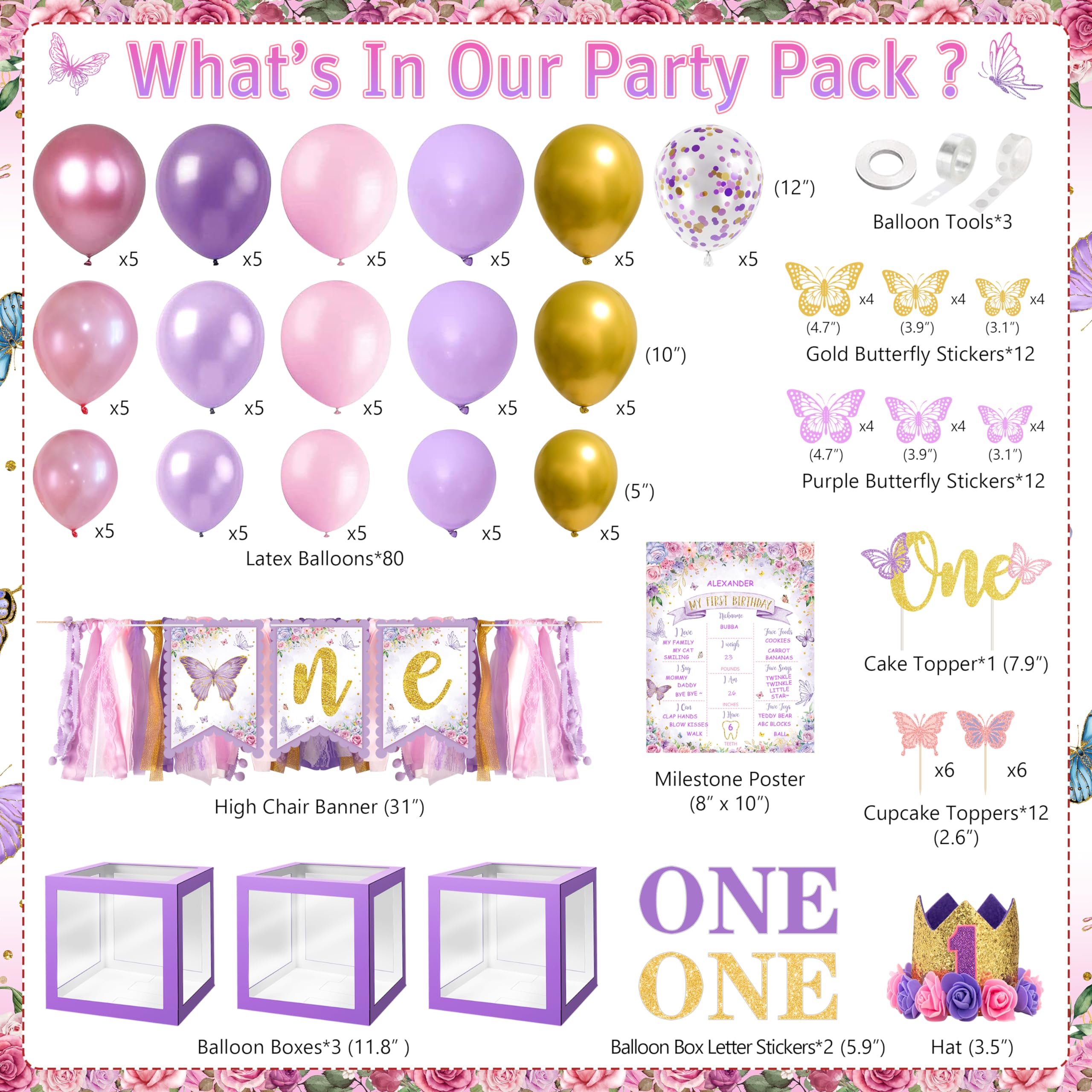 Butterfly First Birthday Decorations for Girl Pink Purple Butterfly 1st Birthday Party Decoration Supplies Include Balloon Arch Balloon Boxes Butterfly Backdrop Tablecloth Birthday Hat