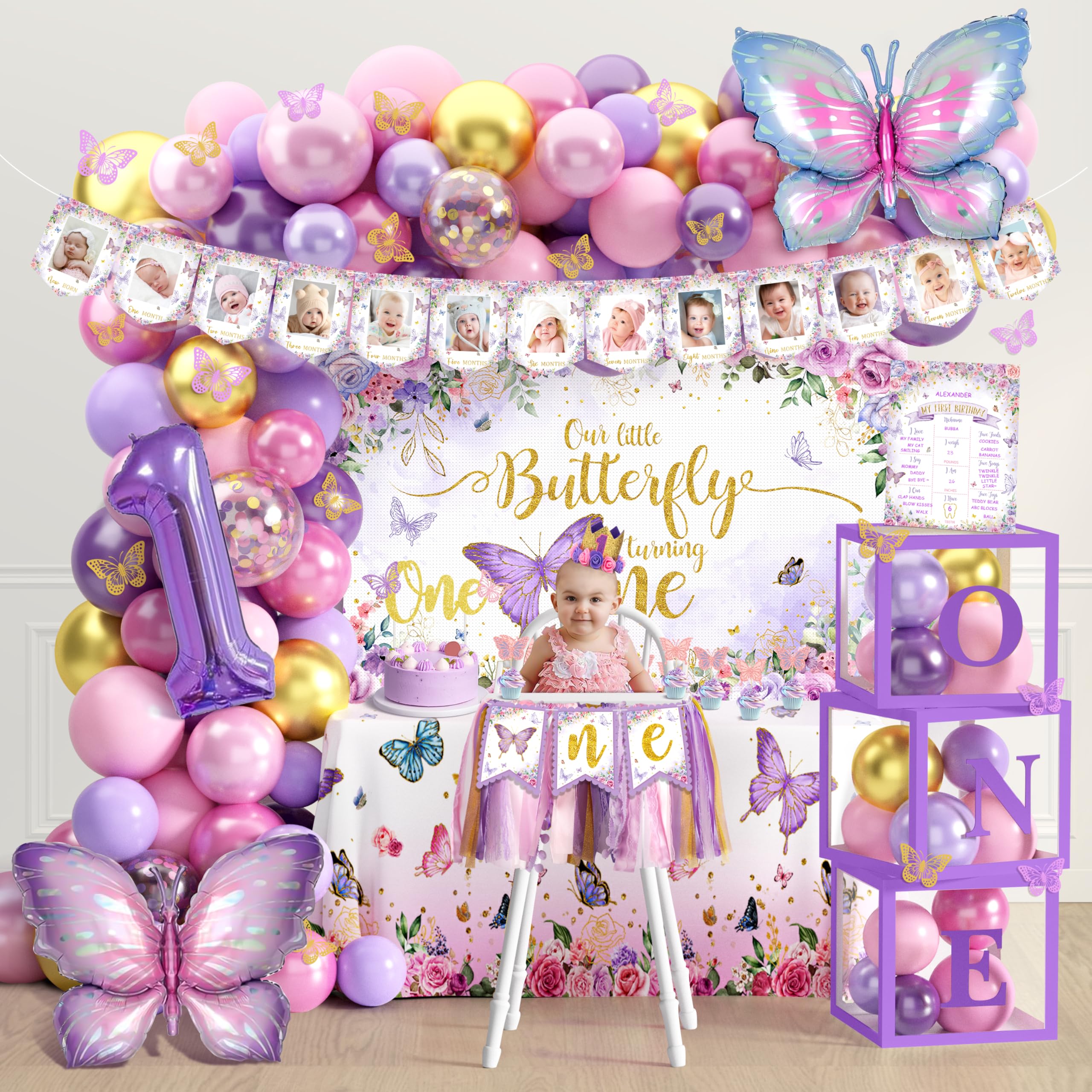 Butterfly First Birthday Decorations for Girl Pink Purple Butterfly 1st Birthday Party Decoration Supplies Include Balloon Arch Balloon Boxes Butterfly Backdrop Tablecloth Birthday Hat