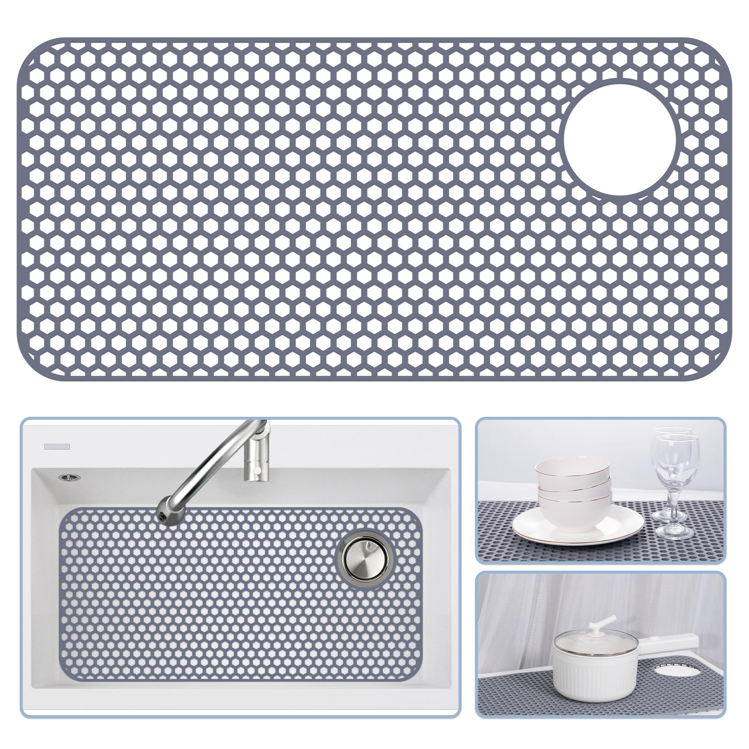 Silicone Sink Protectors for Kitchen Sink - 28.4"x 14.3" Kitchen Sink Mats Accessory, Non-Slip Heat Resistant Sink Mat for Bottom of Farmhouse Porcelain Stainless Steel Sink (Right Left Hole)