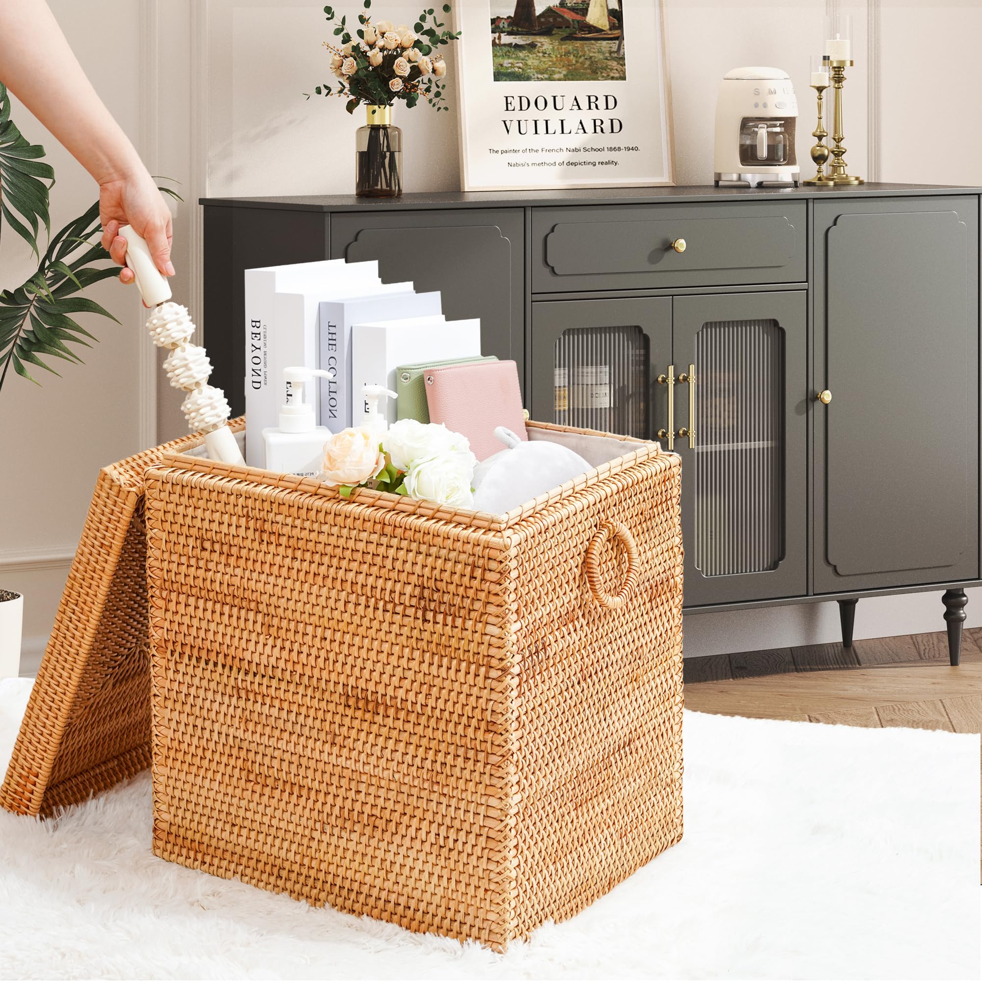 Peslran 19"×15"×21.3" Rattan Laundry Basket With Handle, Rattan Laundry Hamper With Liner Bag, Rectangle Wicker Large Hampers For Organizing Clothes Kids Toys Books