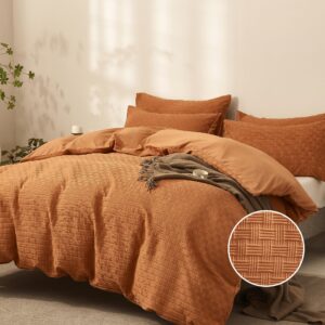 jellymoni caramel duvet cover full size - 3 pieces soft and breathable microfiber knitted jacquard waffle weave striped comforter cover with 8 corner ties & zipper closure