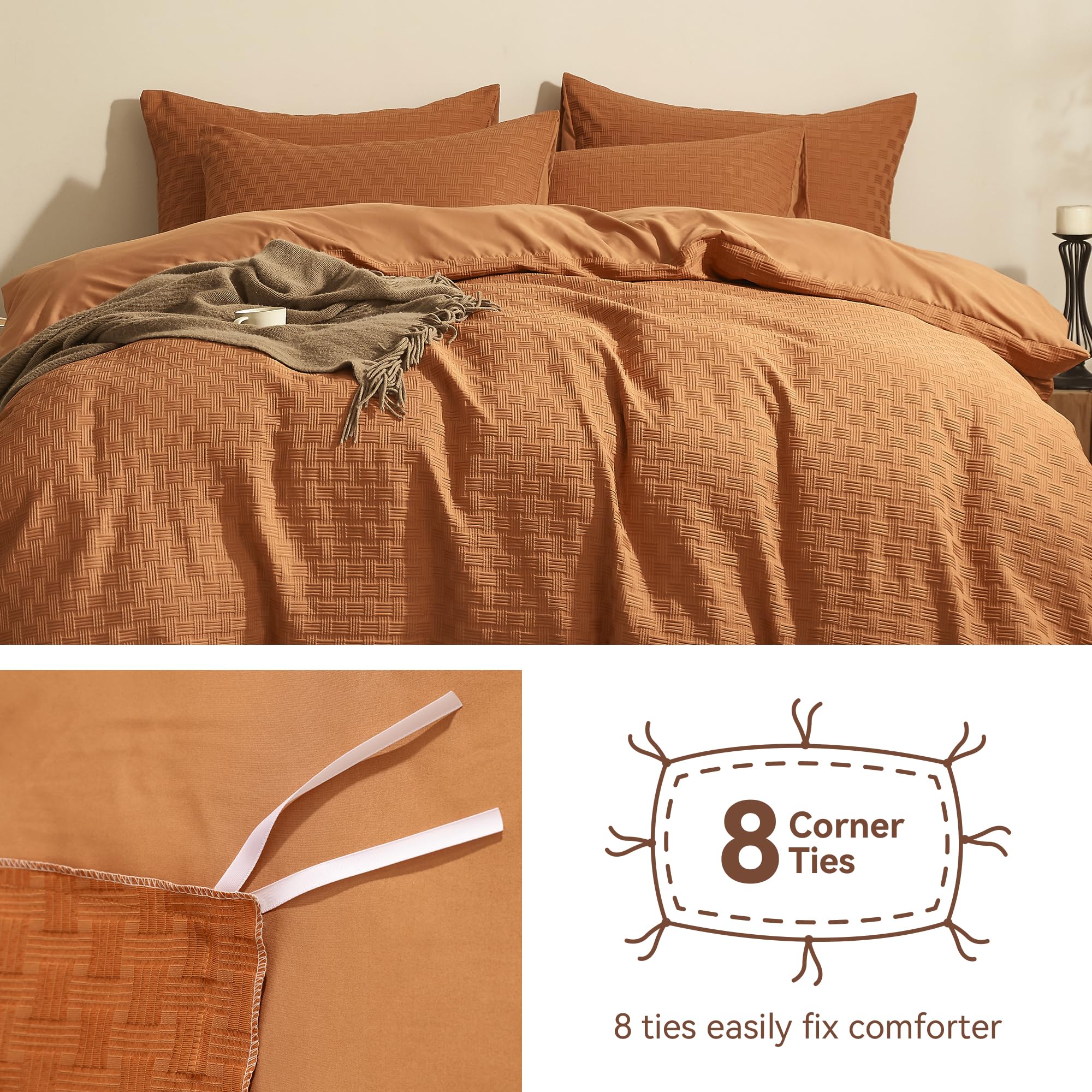 JELLYMONI Caramel Duvet Cover Queen Size - 3 Pieces Soft and Breathable Microfiber Knitted Jacquard Waffle Weave Striped Comforter Cover with 8 Corner Ties & Zipper Closure