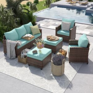 udpatio patio furniture set, 5 pieces outdoor sectional sofa set, all-weather wicker rattan high back patio conversation set with ottoman for poolside, backyard, 4" thick cushions, light blue