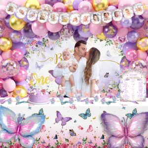 Butterfly First Birthday Decorations for Girl Pink Purple Butterfly 1st Birthday Party Decoration Supplies Include Balloon Arch Balloon Boxes Butterfly Backdrop Tablecloth Birthday Hat