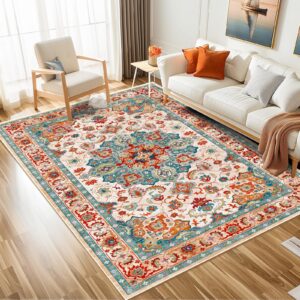 5x7 rug for living room, large vintage area rugs soft non-slip non shedding washable tribal printed stain resistant carpet with 8 pcs rug tape for bedroom office dining room