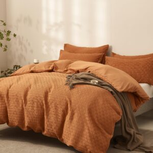 jellymoni caramel duvet cover queen size - 3 pieces soft and breathable microfiber knitted jacquard waffle weave striped comforter cover with 8 corner ties & zipper closure