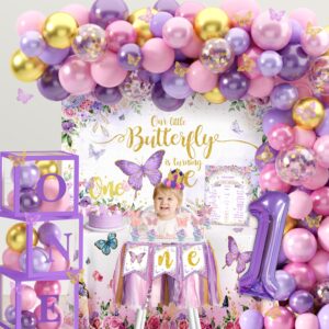 Butterfly First Birthday Decorations for Girl Pink Purple Butterfly 1st Birthday Party Decoration Supplies Include Balloon Arch Balloon Boxes Butterfly Backdrop Tablecloth Birthday Hat