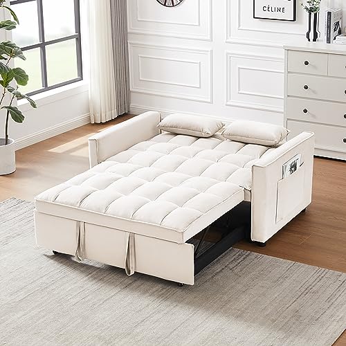 3 in 1 Convertible Sleeper Sofa Bed ,Modern Futon Loveseat Couch Pullout Bed, Velvet Upholstered Small Love Seat Lounge w/Reclining Backrest, Toss Pillows, Pockets, Furniture for Living Room Office