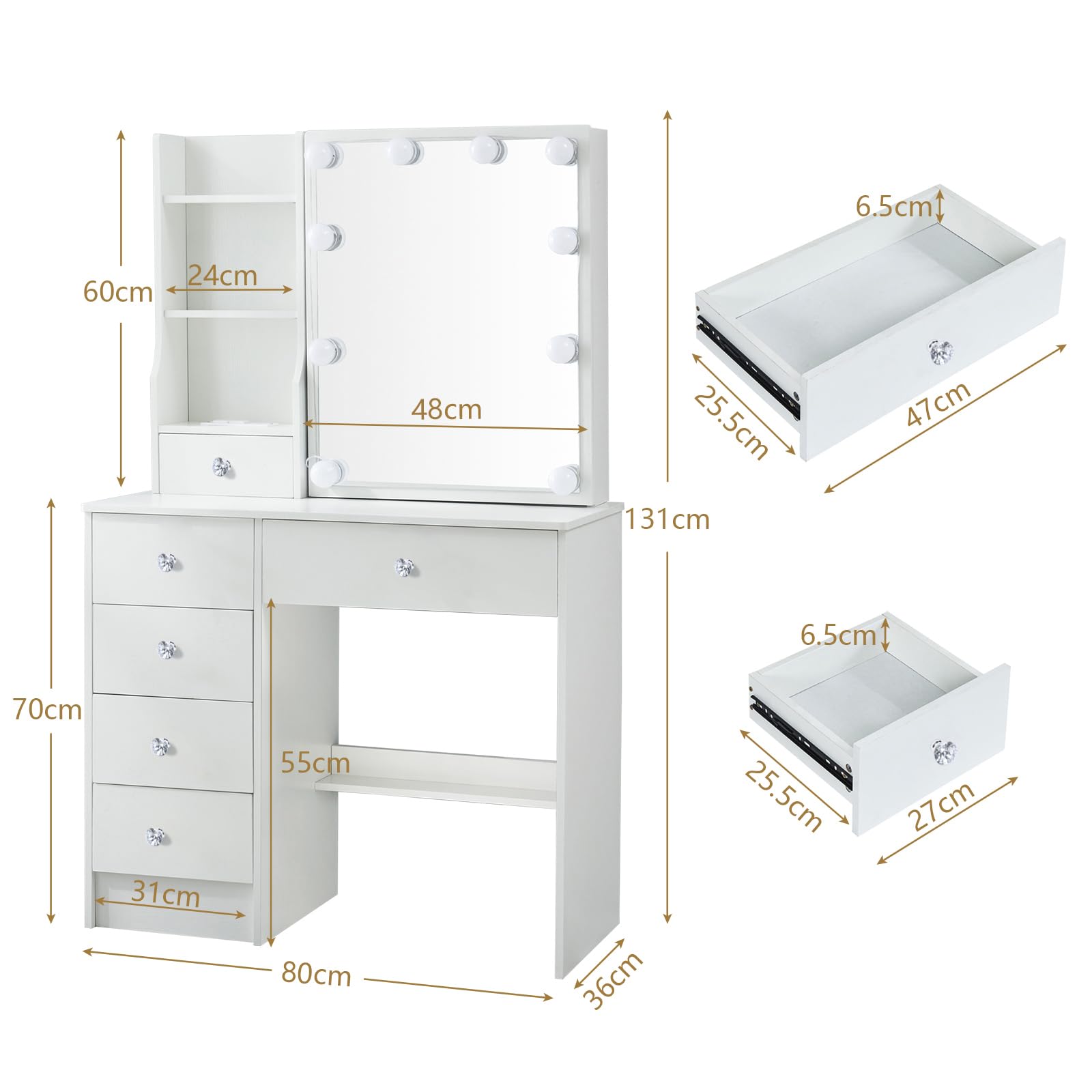 White Vanity with Mirror and Lights, Makeup Vanity Table with Charging Station, 31.5" W Vanity Desk for Bedroom, 3 Modes Brightness Adjustable, 5 Drawers Dressing Table Set