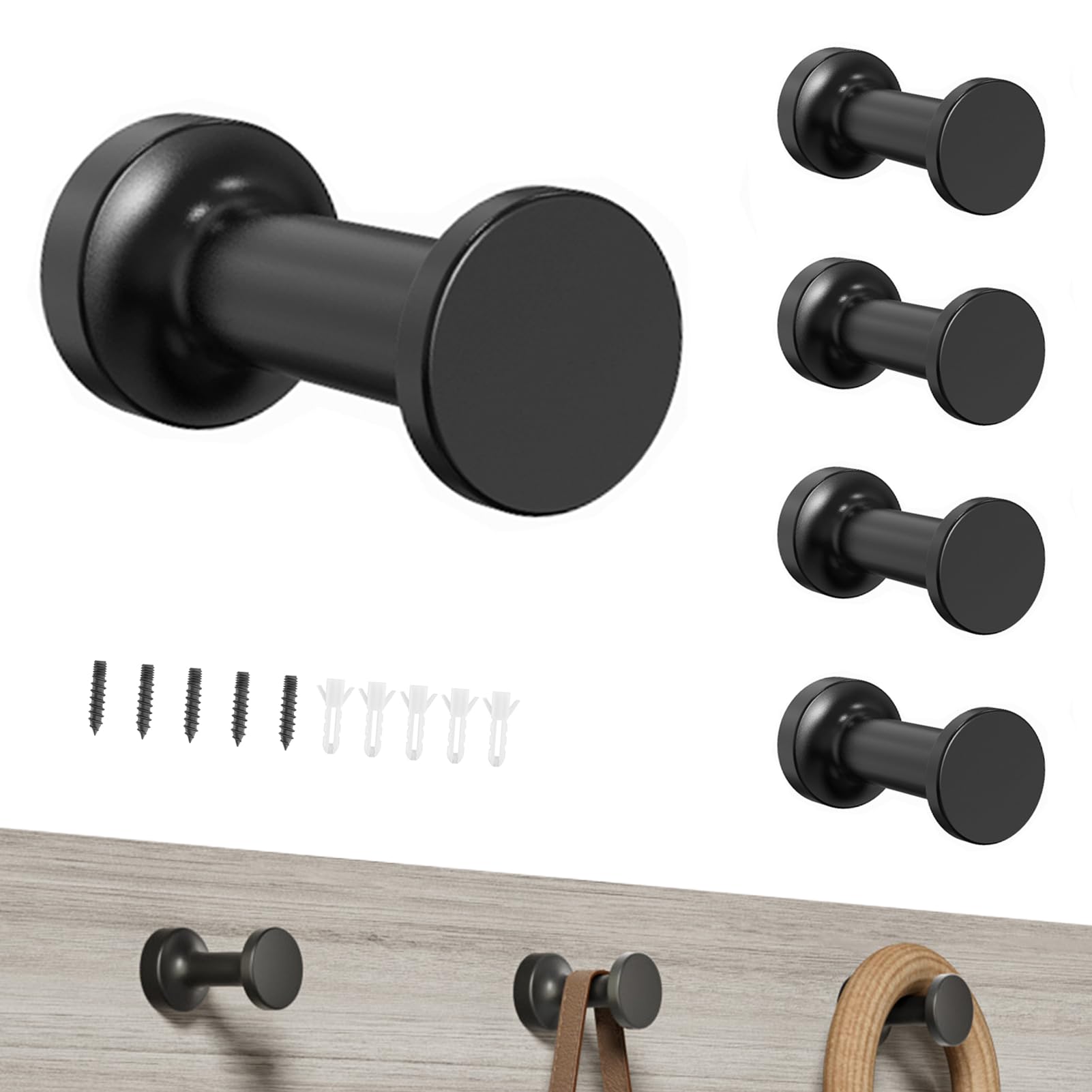 Wall Hook for Hanging - 10LB Decorative Small Hook 0.8" Dia, for Coat, Loofah, Robe, Hat, Key, for Bathroom, Inside Shower, Shelf, Black Matte 5 Pack, Screws Included