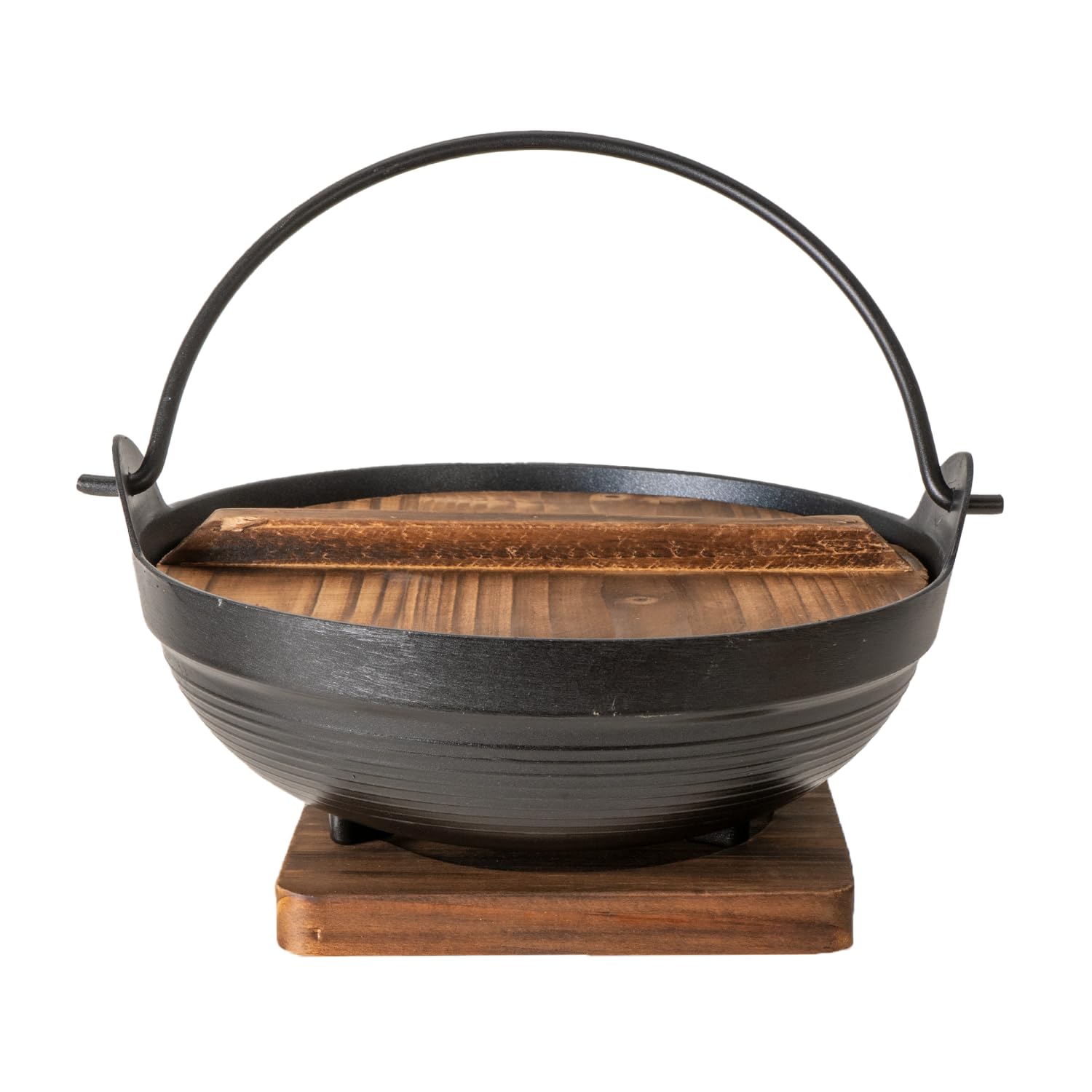 Urban Tokyo Sukiyaki Tetsu Nabe Pot with Wooden Lid and Tray Japanese Style Nabemono Hot Pot Hiking Stove Pan Stockpot Wok for Outdoor Aluminum Alloy