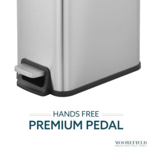 Moorefield Premium Stainless Steel Bathroom Wastebin, Rectangular Slim Design Trash Can, 1.6 Gallon Garbage Capacity, Step On Pedal, Slow Close Lid, Recessed Plastic Liner (Brushed Stainless Steel)