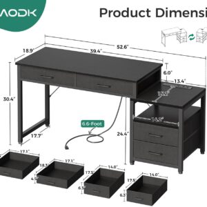 AODK 53-Inch Desk with Drawers and USB Power Outlets, Reversible Computer Desk with Storage Shelf, Office Desk with Printer Stand, Modern Simple Study Writing Work Table for Bedroom, Black