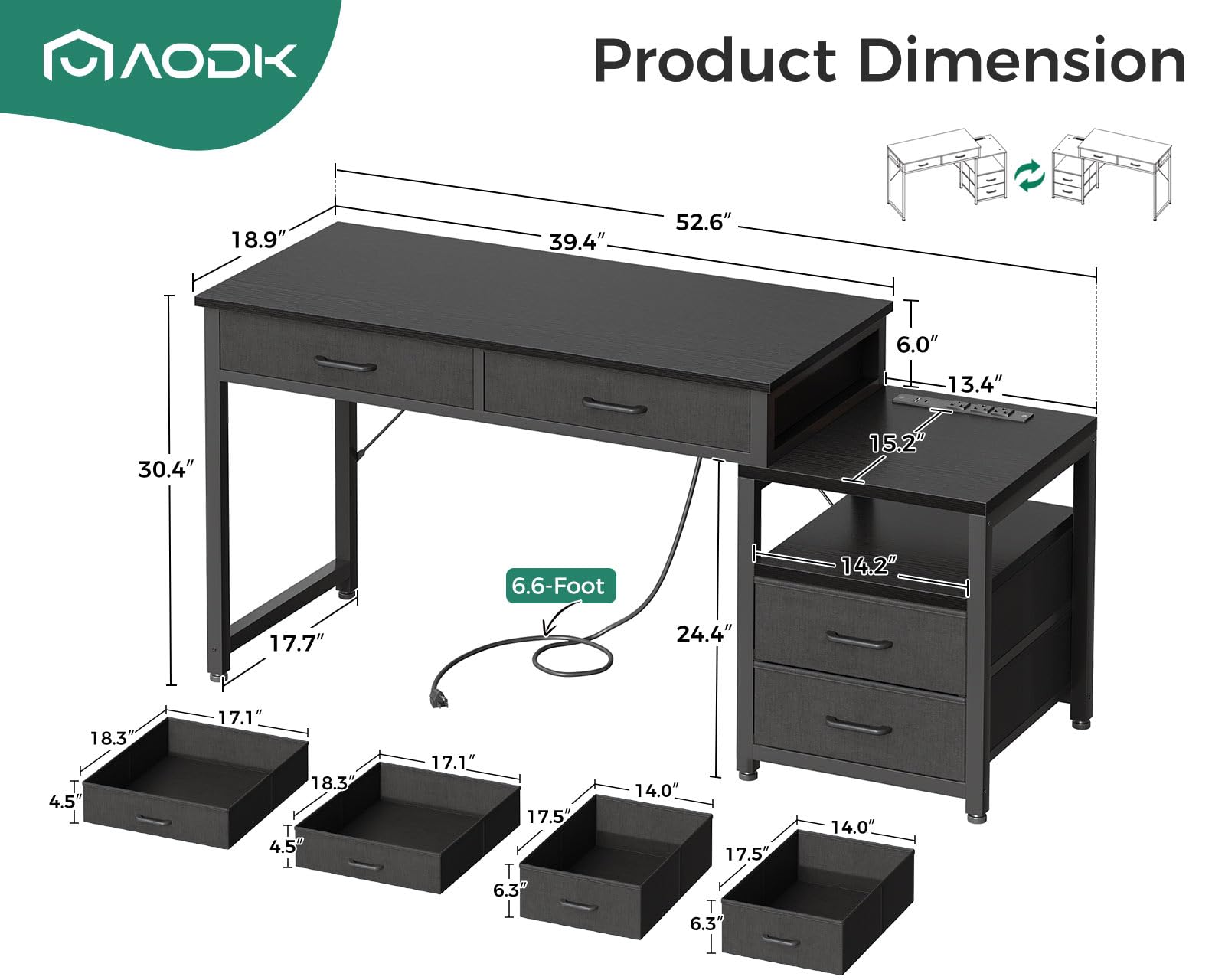 AODK 53-Inch Desk with Drawers and USB Power Outlets, Reversible Computer Desk with Storage Shelf, Office Desk with Printer Stand, Modern Simple Study Writing Work Table for Bedroom, Black