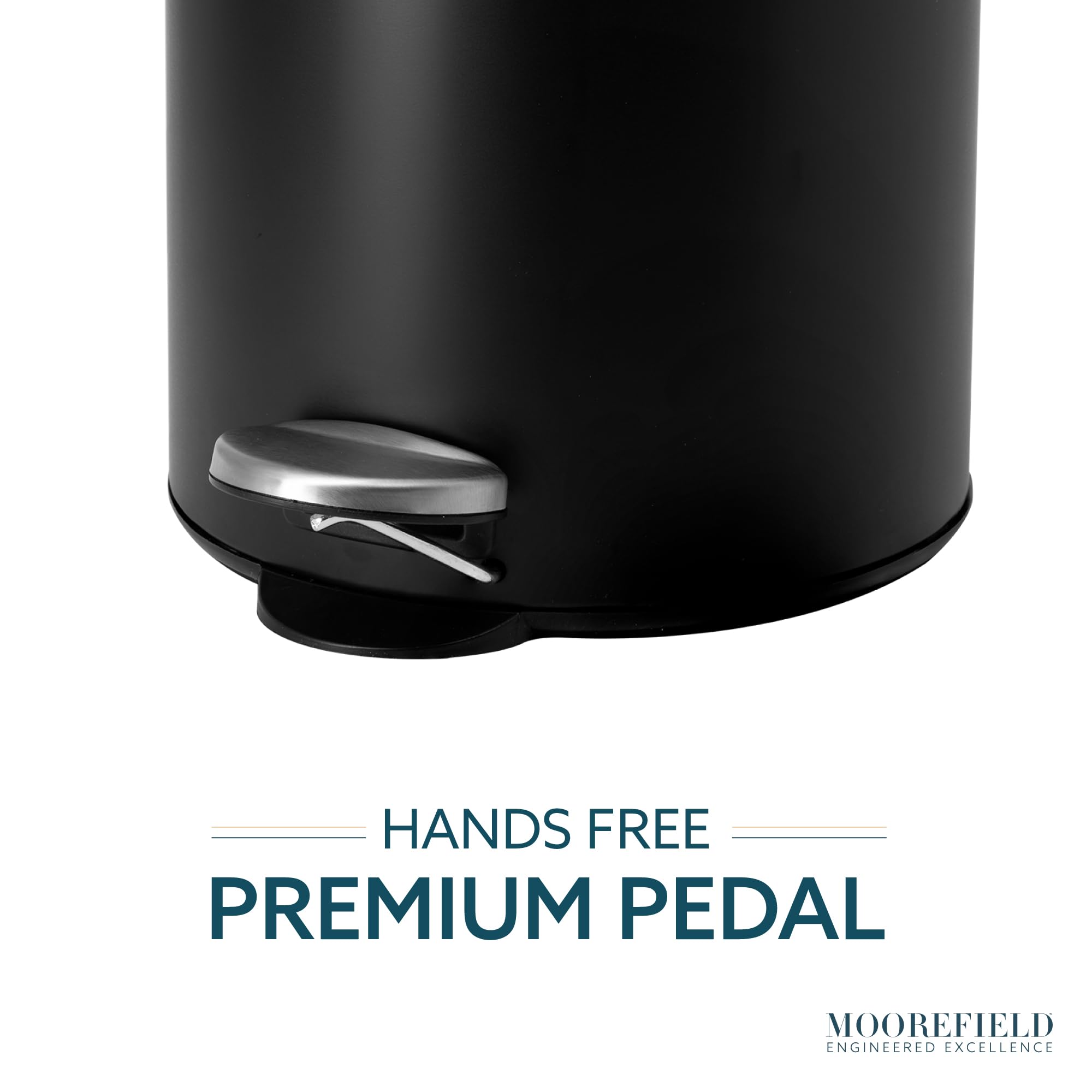 Moorefield Round Soft-Close Step On Bathroom Wastebin, Stainless Steel 1.3 Gallon Trash Can with Premium Pedal and Lid (Matte Black)