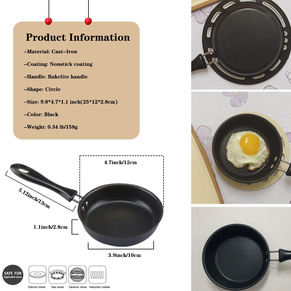 Unoschrim Mini Egg Frying Pan 4.7-Inch 3Pcs, Non-stick One Egg Frying Pan with Bakelite Handle, Cast-Iron Pot Designed for Eggs and Pancakes, All Stoves are Compatible - Non Toxic