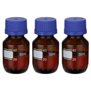 patikil 3 pack reagent media storage bottles, 50ml borosilicate glass graduated round bottles with gl32 blue screw cap for lab water reagent liquids, amber