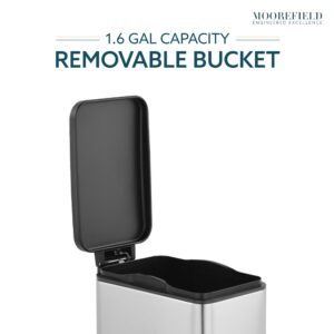 Moorefield Premium Stainless Steel Bathroom Wastebin, Rectangular Slim Design Trash Can, 1.6 Gallon Garbage Capacity, Step On Pedal, Slow Close Lid, Recessed Plastic Liner (Brushed Stainless Steel)