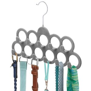 mangotree velvet scarf hanger, scarf organizer, flocked velvet finish, scarf holder with 11 loops and hooks for shawls, scarves, ties, belts, or other accessories, 2 pack (grey)