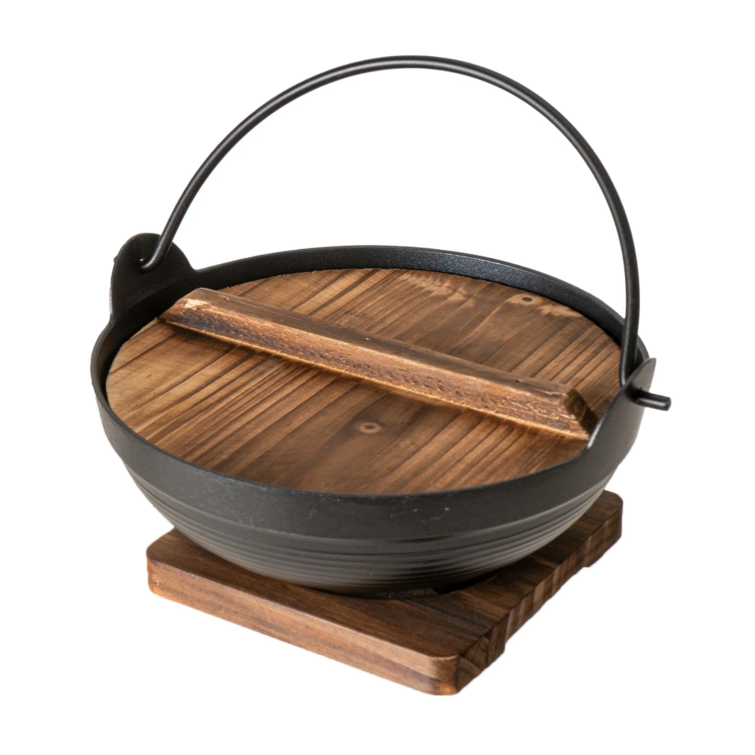 Urban Tokyo Sukiyaki Tetsu Nabe Pot with Wooden Lid and Tray Japanese Style Nabemono Hot Pot Hiking Stove Pan Stockpot Wok for Outdoor Aluminum Alloy