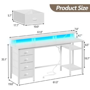 Furologee 61 Inch Desk with 4 Drawers, Computer Desk with Power Outlets and LED Lights, Office Desk with Long Monitor Stand, Large Gaming Desk with Shelf for Home Office/Bedroom/White