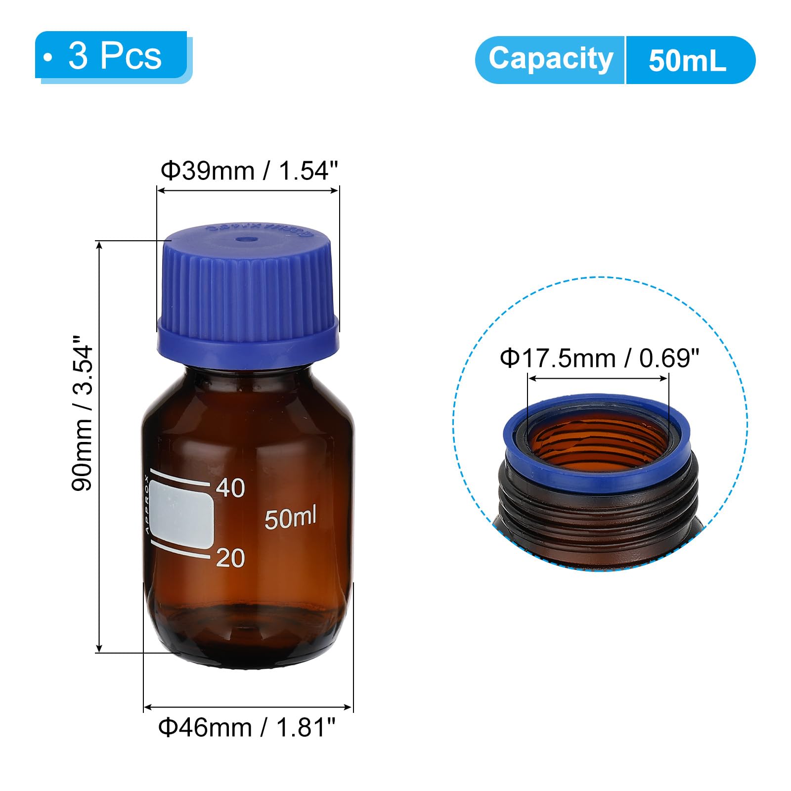 PATIKIL 3 Pack Reagent Media Storage Bottles, 50ml Borosilicate Glass Graduated Round Bottles with GL32 Blue Screw Cap for Lab Water Reagent Liquids, Amber