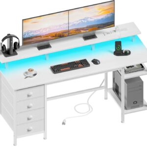 Furologee 61 Inch Desk with 4 Drawers, Computer Desk with Power Outlets and LED Lights, Office Desk with Long Monitor Stand, Large Gaming Desk with Shelf for Home Office/Bedroom/White