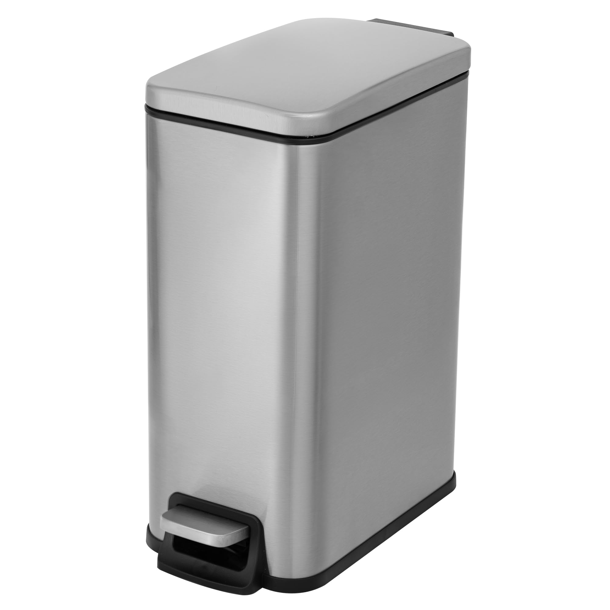 Moorefield Premium Stainless Steel Bathroom Wastebin, Rectangular Slim Design Trash Can, 1.6 Gallon Garbage Capacity, Step On Pedal, Slow Close Lid, Recessed Plastic Liner (Brushed Stainless Steel)