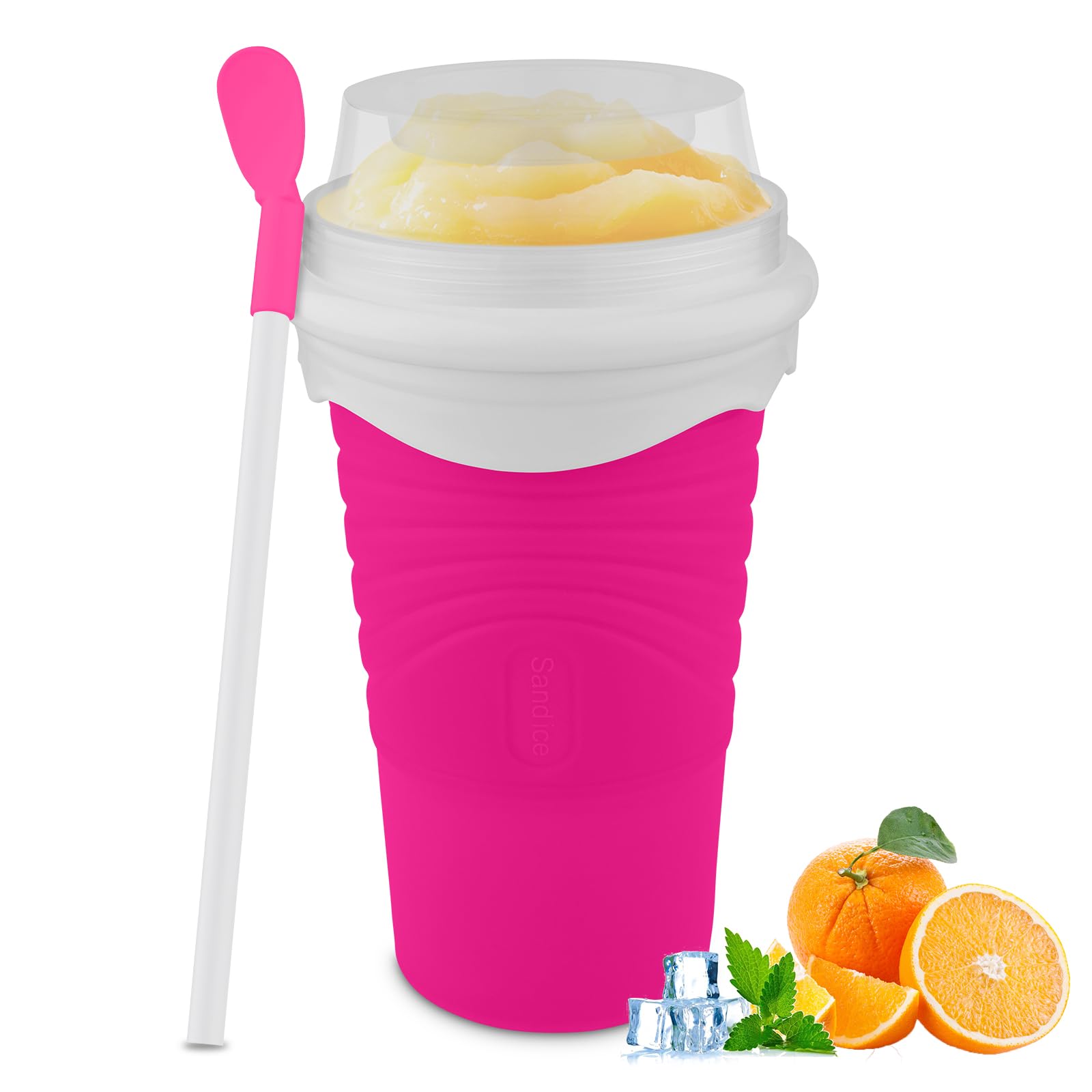 Slushie Maker Cup - DIY Magic Slushy Maker Squeeze Cup, Portable Smoothie Squeeze Cup for Juices, Milk and Ice Cream Make, Double Layers Silica Cup with Lid & Straw for Friends, Family Gifts (Pink)