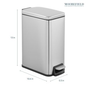 Moorefield Premium Stainless Steel Bathroom Wastebin, Rectangular Slim Design Trash Can, 1.6 Gallon Garbage Capacity, Step On Pedal, Slow Close Lid, Recessed Plastic Liner (Brushed Stainless Steel)