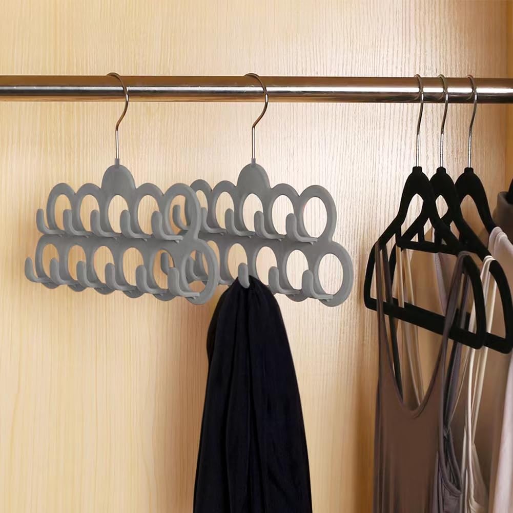 ManGotree Velvet Scarf Hanger, Scarf Organizer, Flocked Velvet Finish, Scarf Holder with 11 Loops and Hooks for Shawls, Scarves, Ties, Belts, or Other Accessories, 2 Pack (Grey)