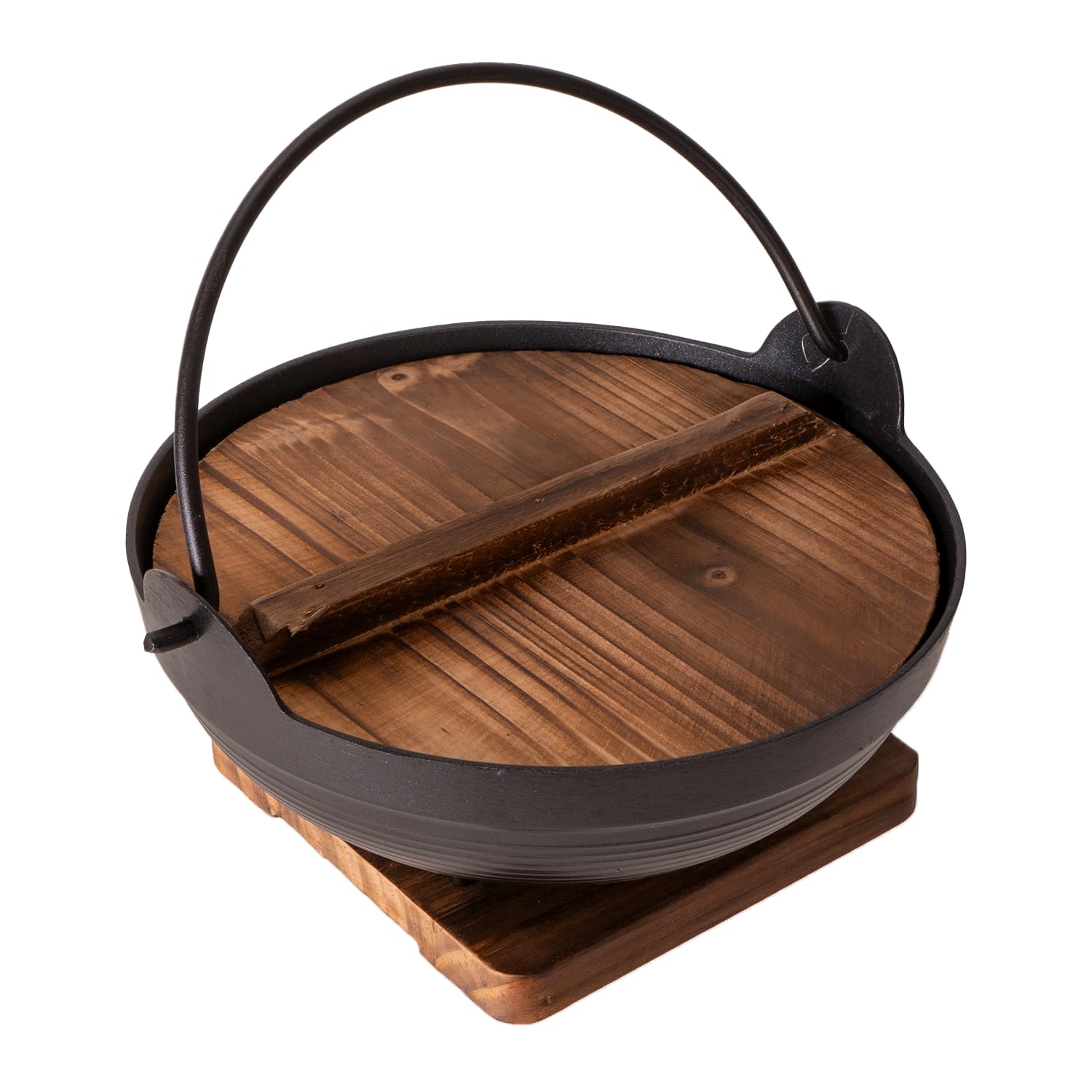 Urban Tokyo Sukiyaki Tetsu Nabe Pot with Wooden Lid and Tray Japanese Style Nabemono Hot Pot Hiking Stove Pan Stockpot Wok for Outdoor Aluminum Alloy