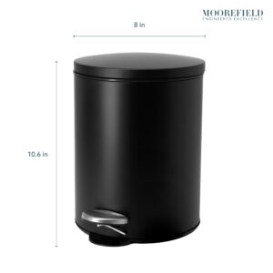 Moorefield Round Soft-Close Step On Bathroom Wastebin, Stainless Steel 1.3 Gallon Trash Can with Premium Pedal and Lid (Matte Black)