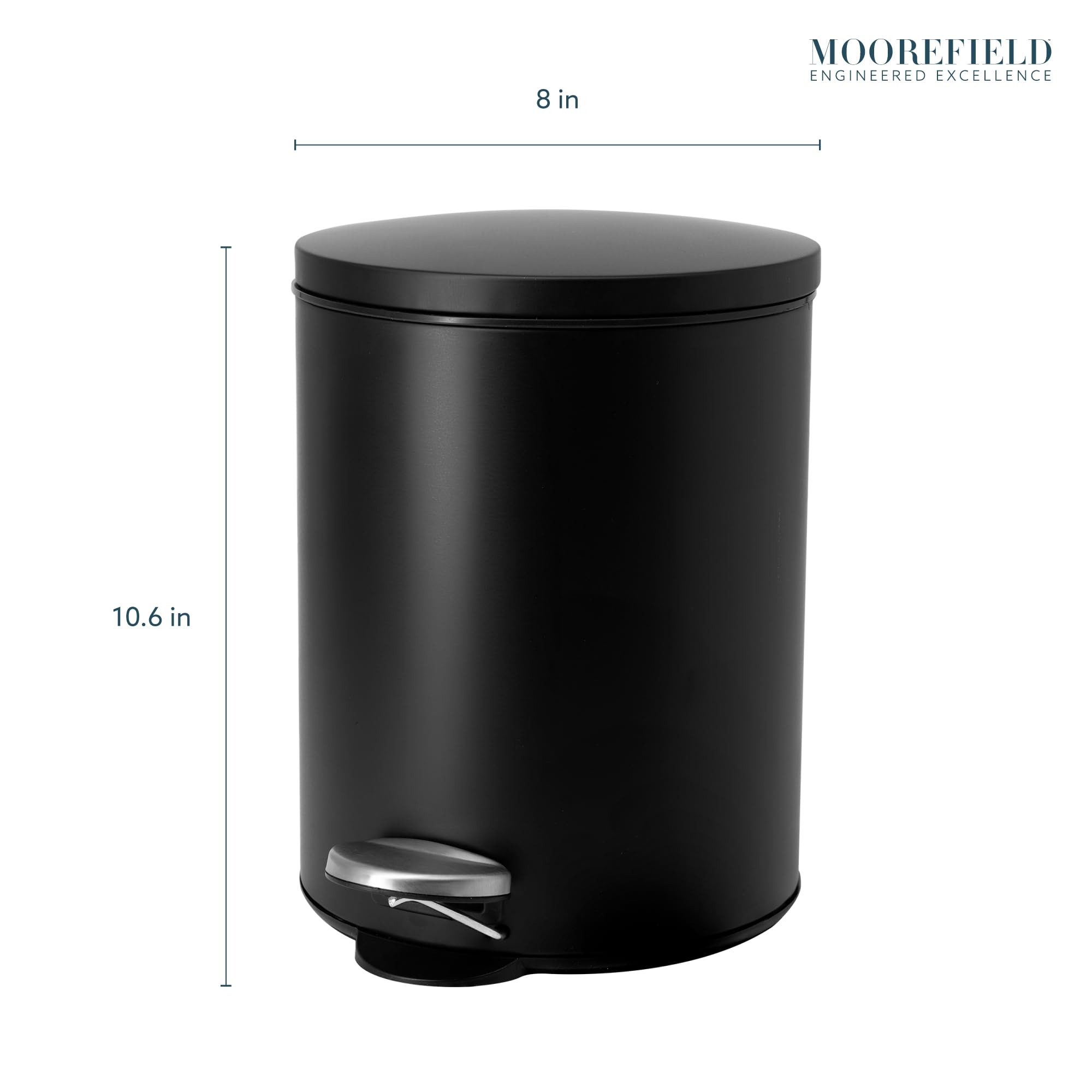 Moorefield Round Soft-Close Step On Bathroom Wastebin, Stainless Steel 1.3 Gallon Trash Can with Premium Pedal and Lid (Matte Black)