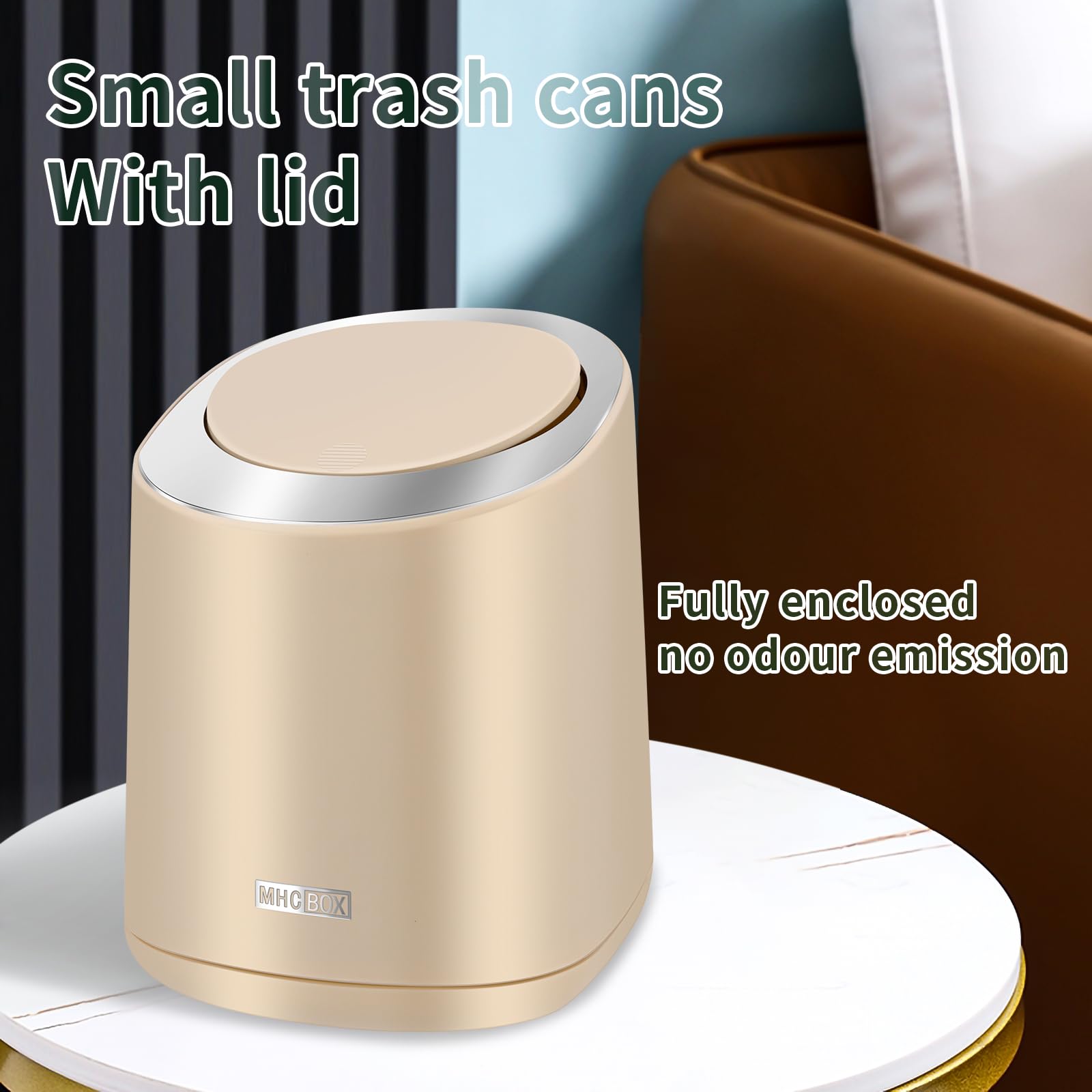 TIMIVO Mini Trash Can with Lid, Desktop Small Trash Can Garbage Can, 0.5G/2.0L Pop Up Countertop Wastebasket for Bathroom, Office, Kitchen, Desk, Car with Trash Bags 140 Pcs(Khaki)