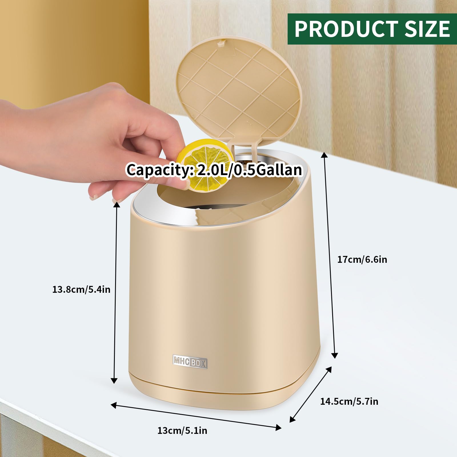 TIMIVO Mini Trash Can with Lid, Desktop Small Trash Can Garbage Can, 0.5G/2.0L Pop Up Countertop Wastebasket for Bathroom, Office, Kitchen, Desk, Car with Trash Bags 140 Pcs(Khaki)