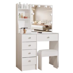 White Vanity with Mirror and Lights, Makeup Vanity Table with Charging Station, 31.5" W Vanity Desk for Bedroom, 3 Modes Brightness Adjustable, 5 Drawers Dressing Table Set