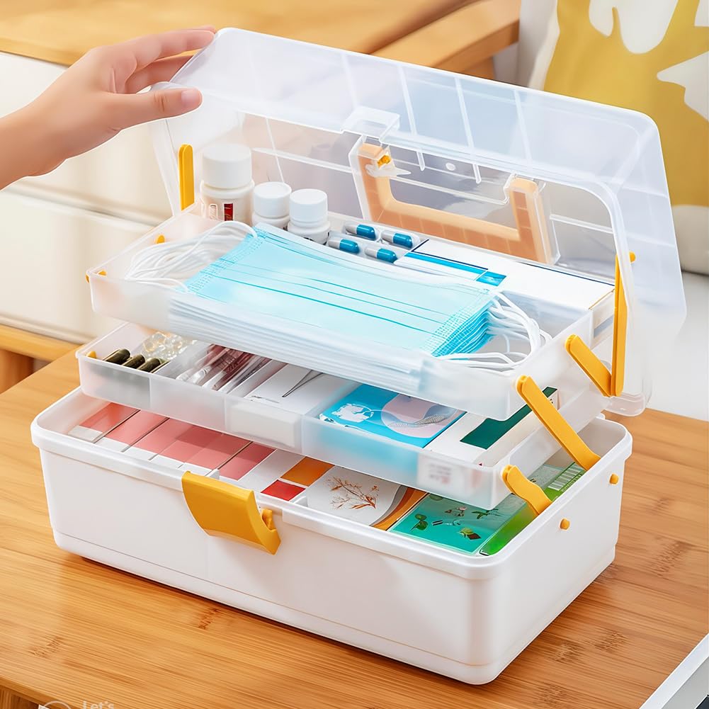 EZOWare 3 Tier Layer Storage Box with 6 Compartments, Lidded Plastic Multipurposes Organizer with Handle for Tools, Craft, Home, First Aids Kits, Building Blocks and more