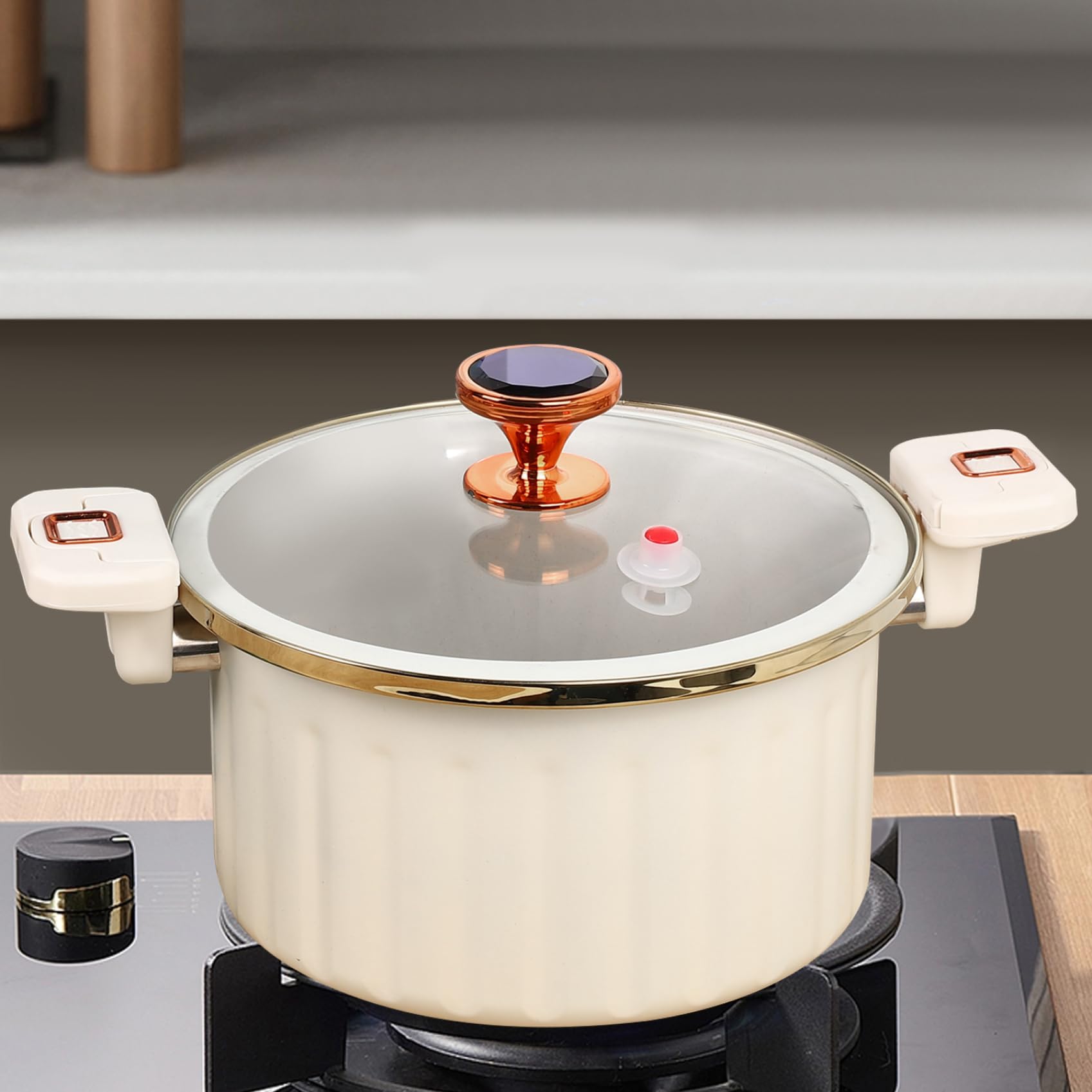 Enamel Pot 5L Non-stick Micro Pressure Cooker with Secure Lock Spill-proof Enamel Stock Pot with Lid Silicone Valve Pressure Pot for Cooking White