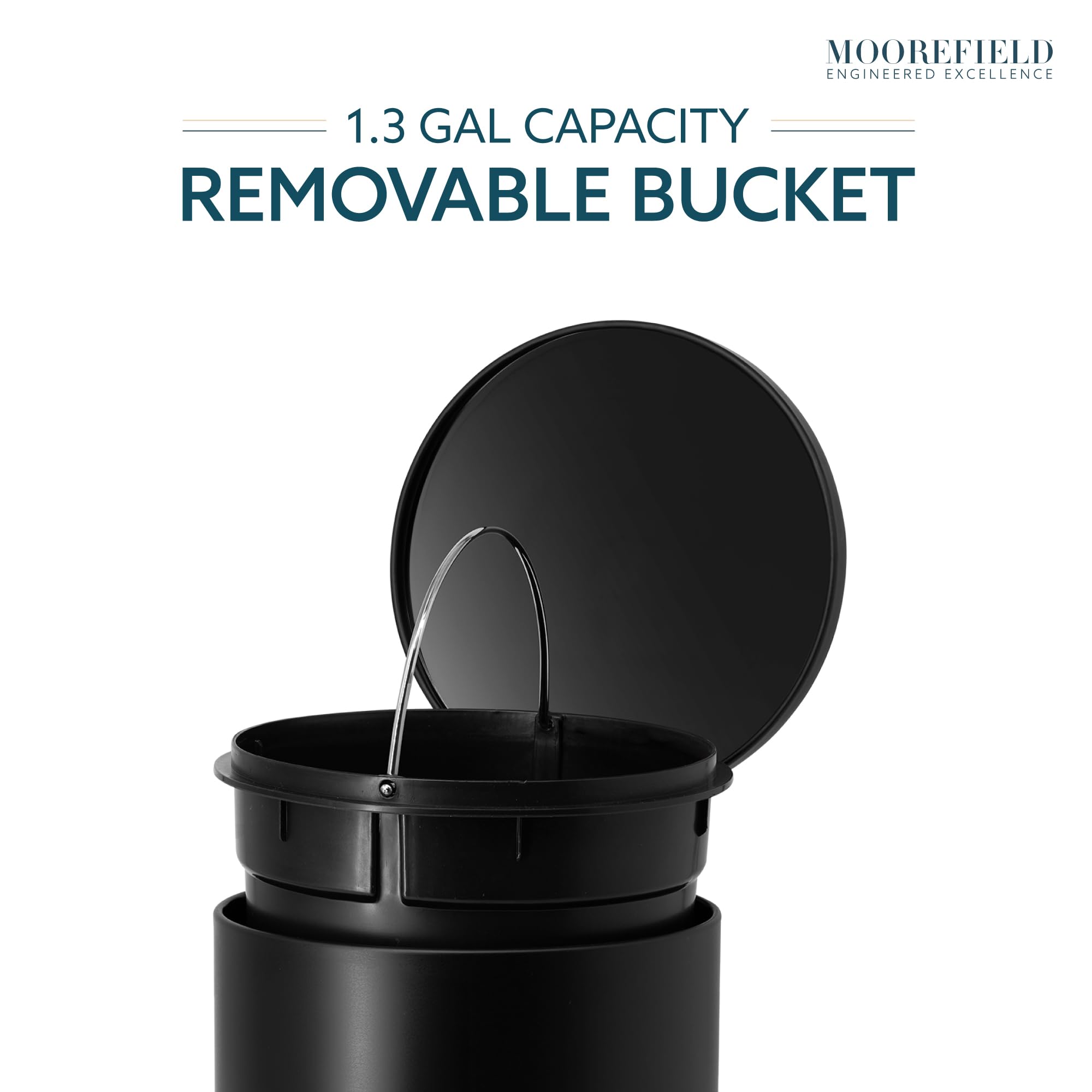 Moorefield Round Soft-Close Step On Bathroom Wastebin, Stainless Steel 1.3 Gallon Trash Can with Premium Pedal and Lid (Matte Black)