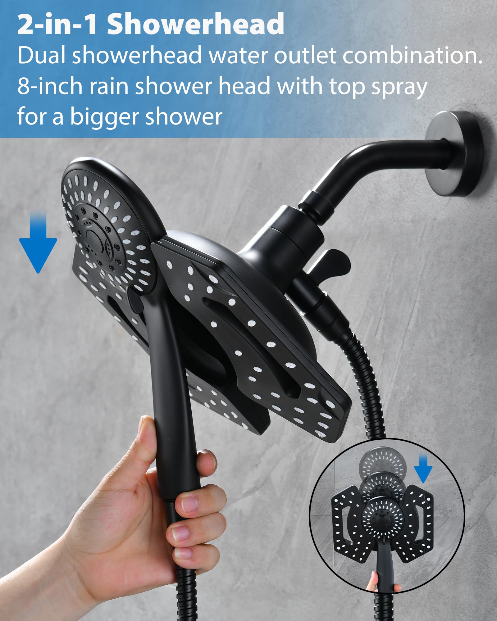 Black Shower Head with Handheld: 2-in-1 Shower Head High Pressure with Rainfall Shower Head Handheld Shower head Detachable Shower Head with Hose, 2.5GPM Double Shower Head Dual Shower Head Cambo