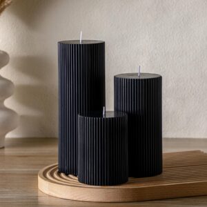 conelist ribbed pillar candles set of 3, width 3" high 4" 6" 8" large soy wax scented pillar candles aesthetic candles ribbed candles modern home decor for bathroom living room (black)