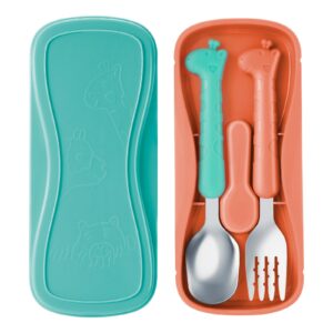 lohodo toddler utensils kids spoon and fork set 18/8 stainless steel silverware bpa free green & orange cute giraffe child flatware with travel case for age 3+